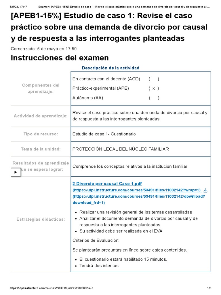 Examen - (APEB1-15%) Estudio de Caso 1 - Revise El Caso Práctico Sobre Una Demanda de Divorcio ...