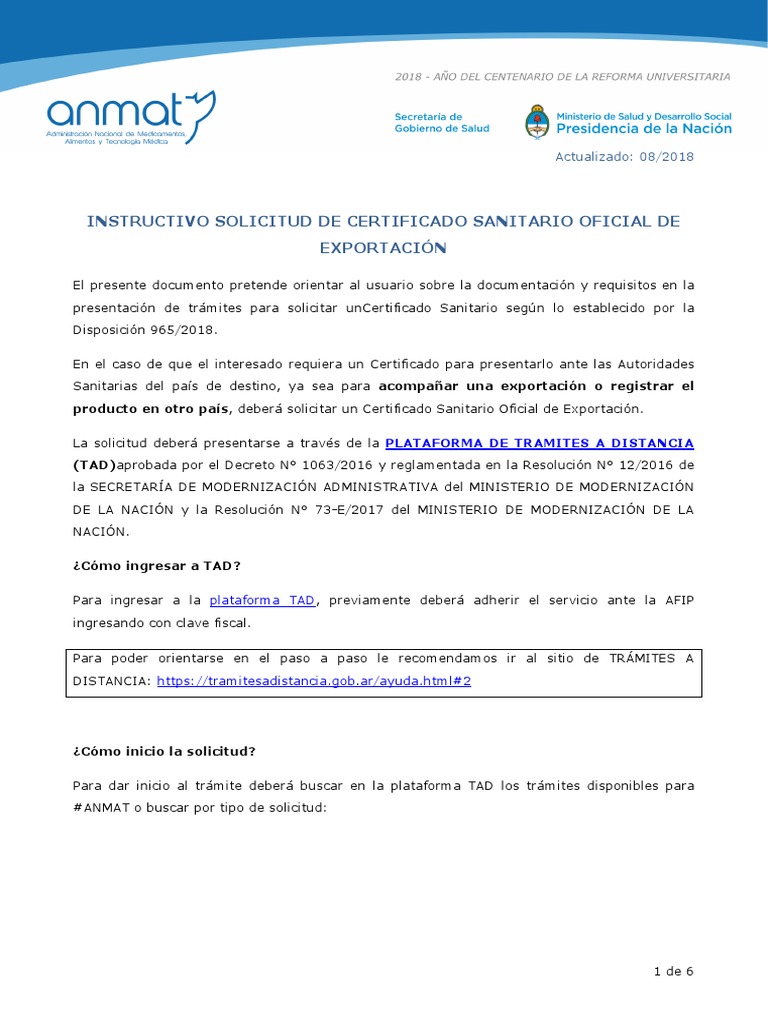 Anmat Inal Instructivo Certificado Sanitario de Exportacion 191018 0 | PDF | Finanzas y dinero