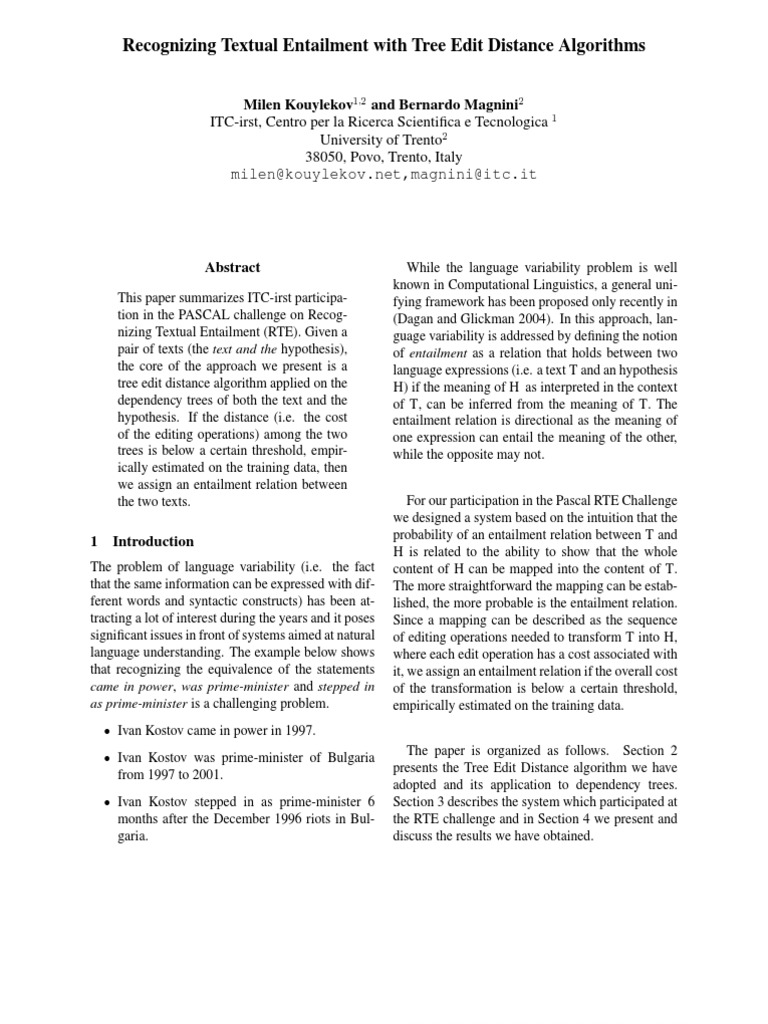 Recognizing Textual Entailment With Tree Edit Distance Algorithms | PDF | Parsing | Formalism ...