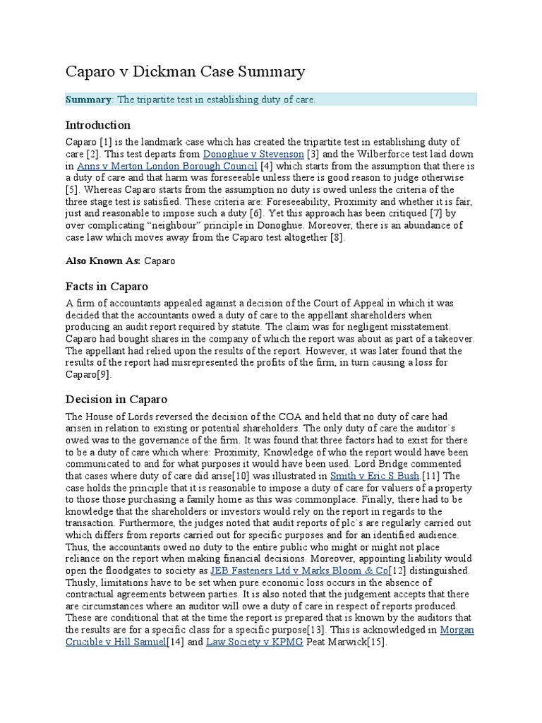 Caparo V Dickman Case Summary | PDF