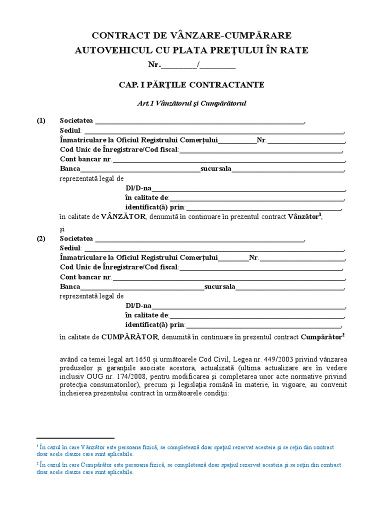 Demo Contract Vanzare Cumparare Auto Plata in Rate | PDF