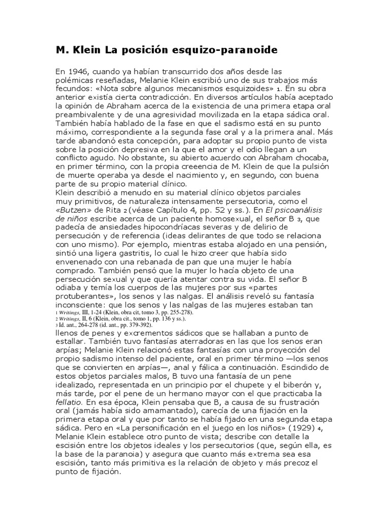 Klein - La Posicion Esquizo Paranoide | PDF | Psicoanálisis | Esquizofrenia