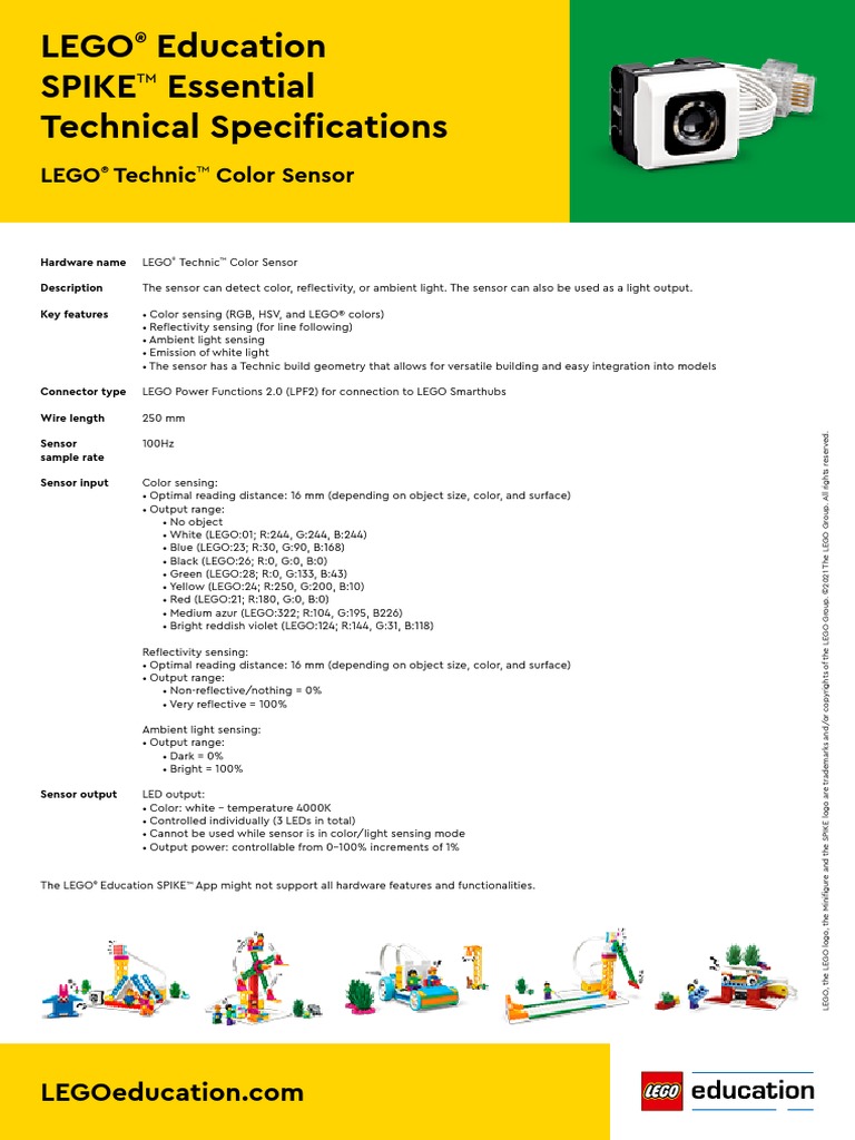 LE SPIKE Essential Tech Fact Sheet Color Sensor 45605 2HY21 Digital ...