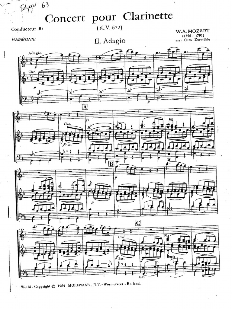 CONCERTO POUR CLARINETT (K.V. 622) - II Tempo ADAGIO | PDF