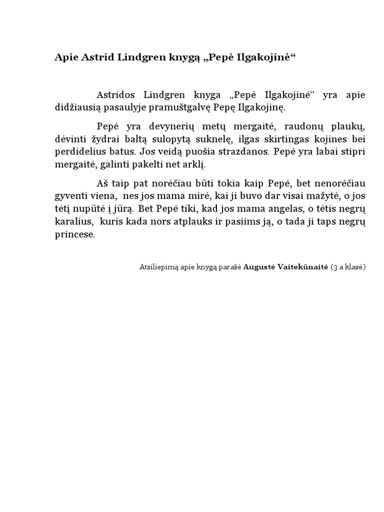 Apie Astrid Lindgren Knygą „Pepė Ilgakojinė“ | PDF