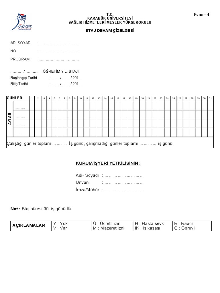 Staj Devam Çizelgesi | PDF