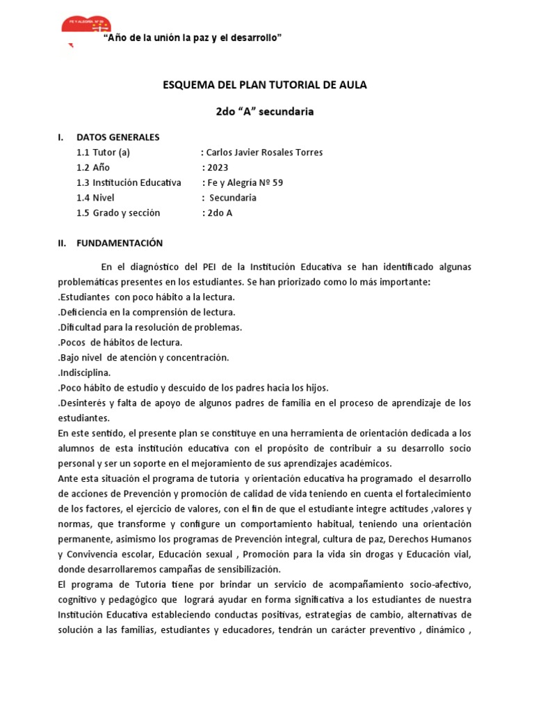 Plan Tutorial 2do A de Secundaria 2023 | PDF | Maestros