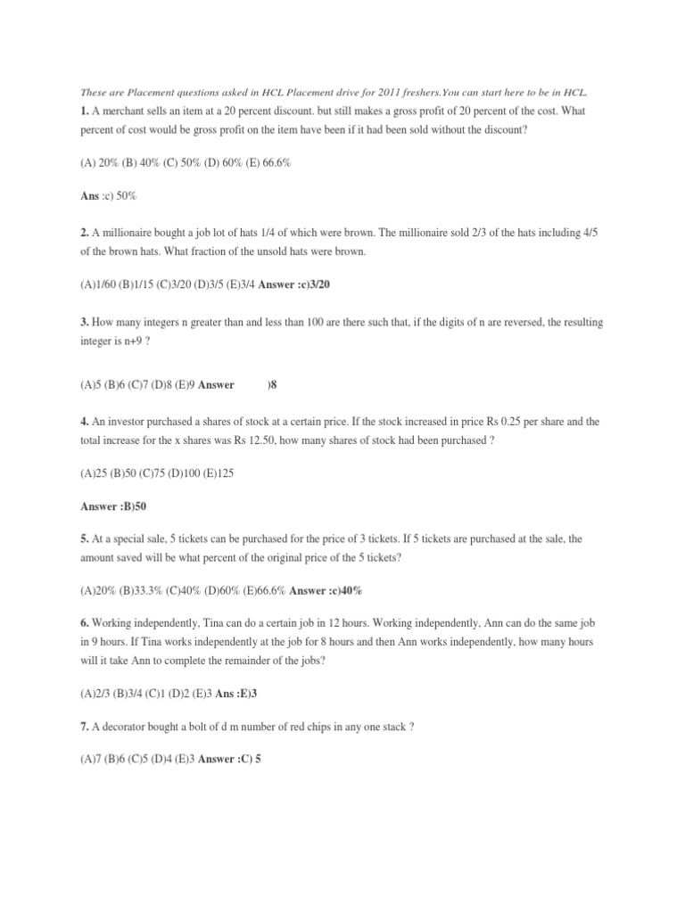 These Are Placement Questions Asked in HCL Placement Drive For 2011 Freshers - You Can Start ...