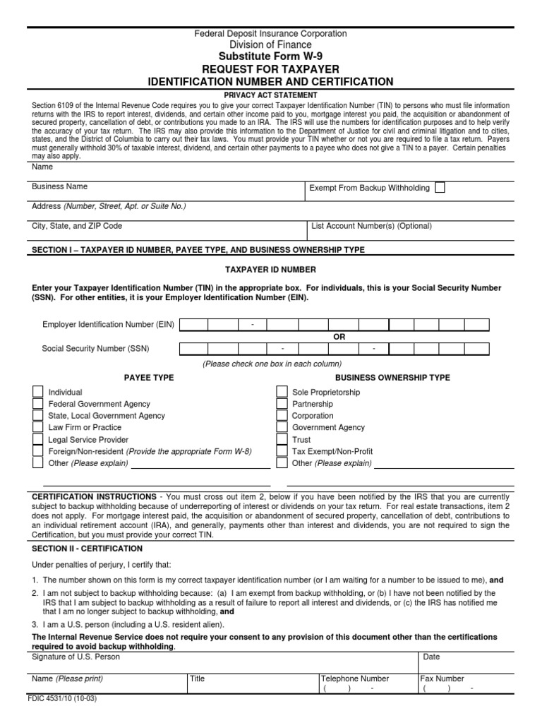 Substitute Form W-9 Request For Taxpayer Identification Number and ...