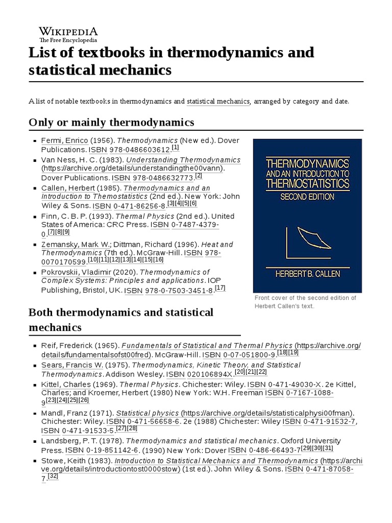 List of Textbooks in Thermodynamics and Statistical Mechanics | PDF