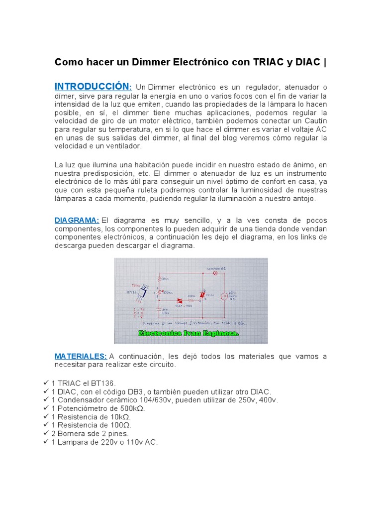 Como Hacer Un Dimmer Electrónico Con TRIAC y DIAC | PDF | Corriente ...