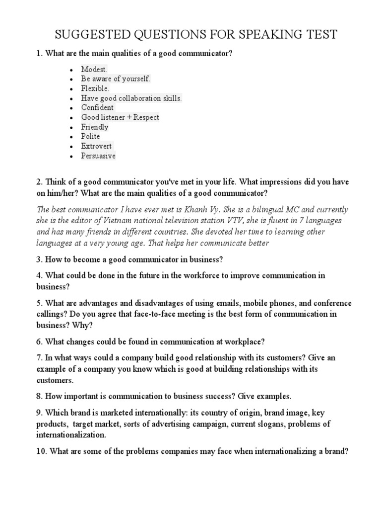 Enm401. Suggested Questions For Speaking Test | PDF