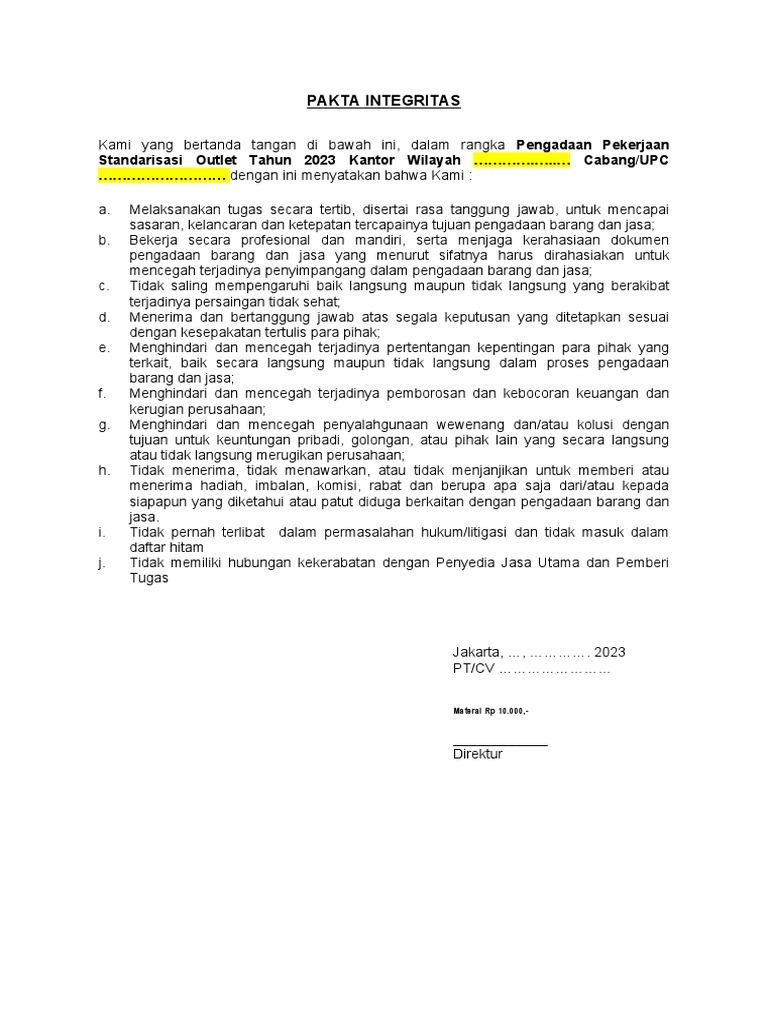 Form Pakta Integritas Dan Surat Pernyataan Rekanan | PDF
