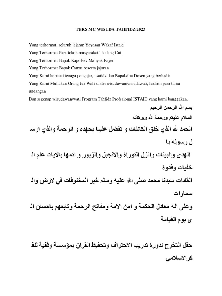 TEKS MC WISUDA TAHFIDZ 2023 | PDF