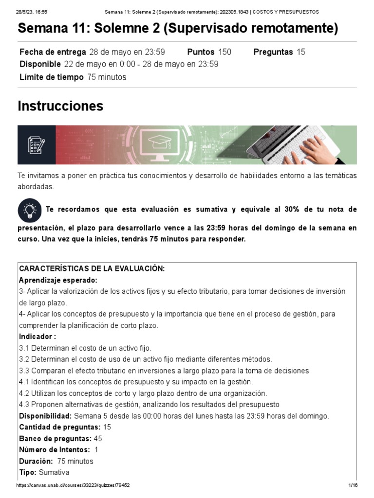 Semana 11 - Solemne 2 (Supervisado Remotamente) - 202305.1843 - COSTOS Y PRESUPUESTOS | PDF