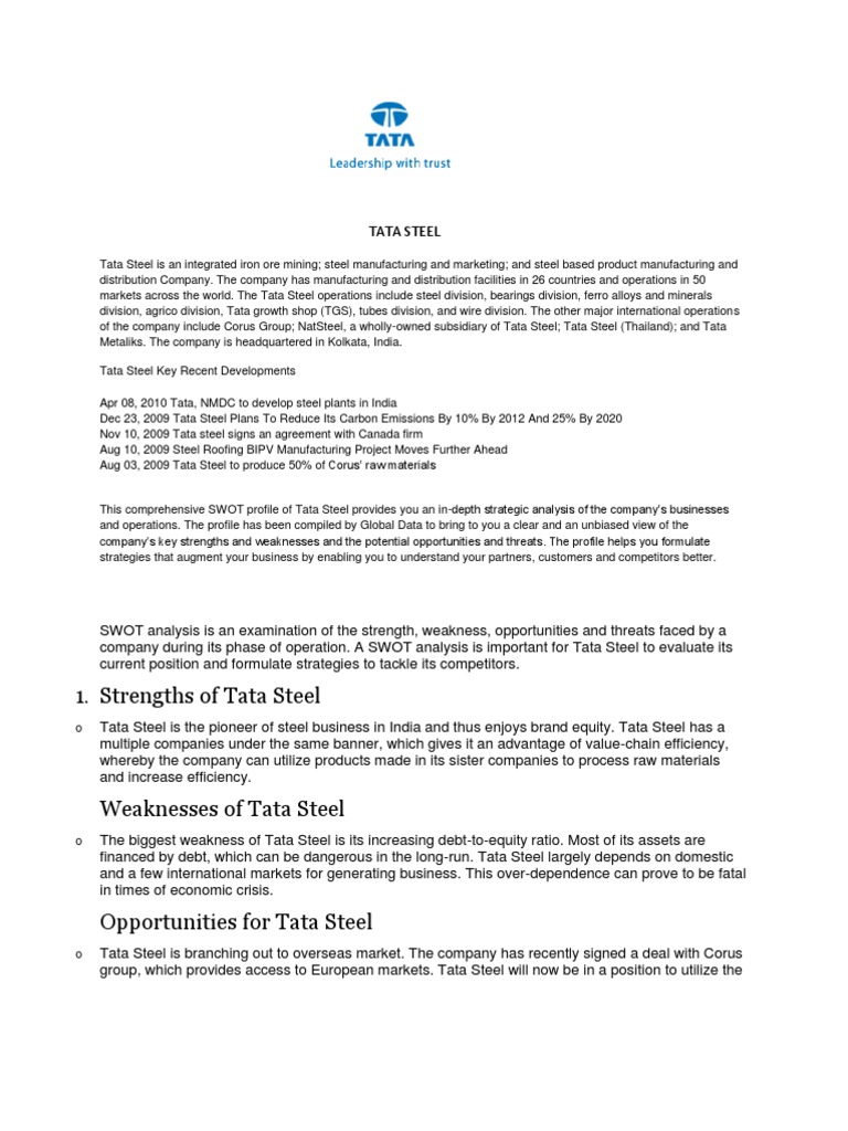Tata Steel | PDF | Steel | Swot Analysis