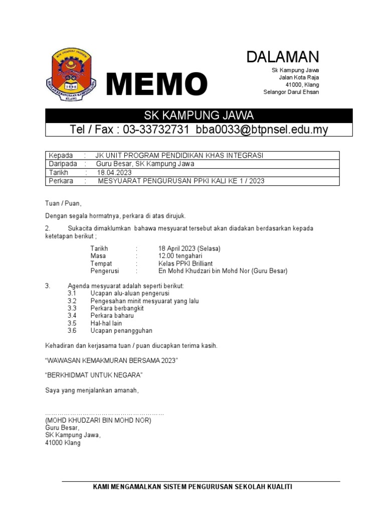 MEMO Mesyuarat Kali Ke 1 2023 | PDF
