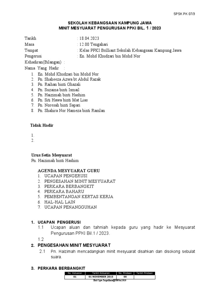 Minit Mesyuarat Guru Bil 1 2023 | PDF