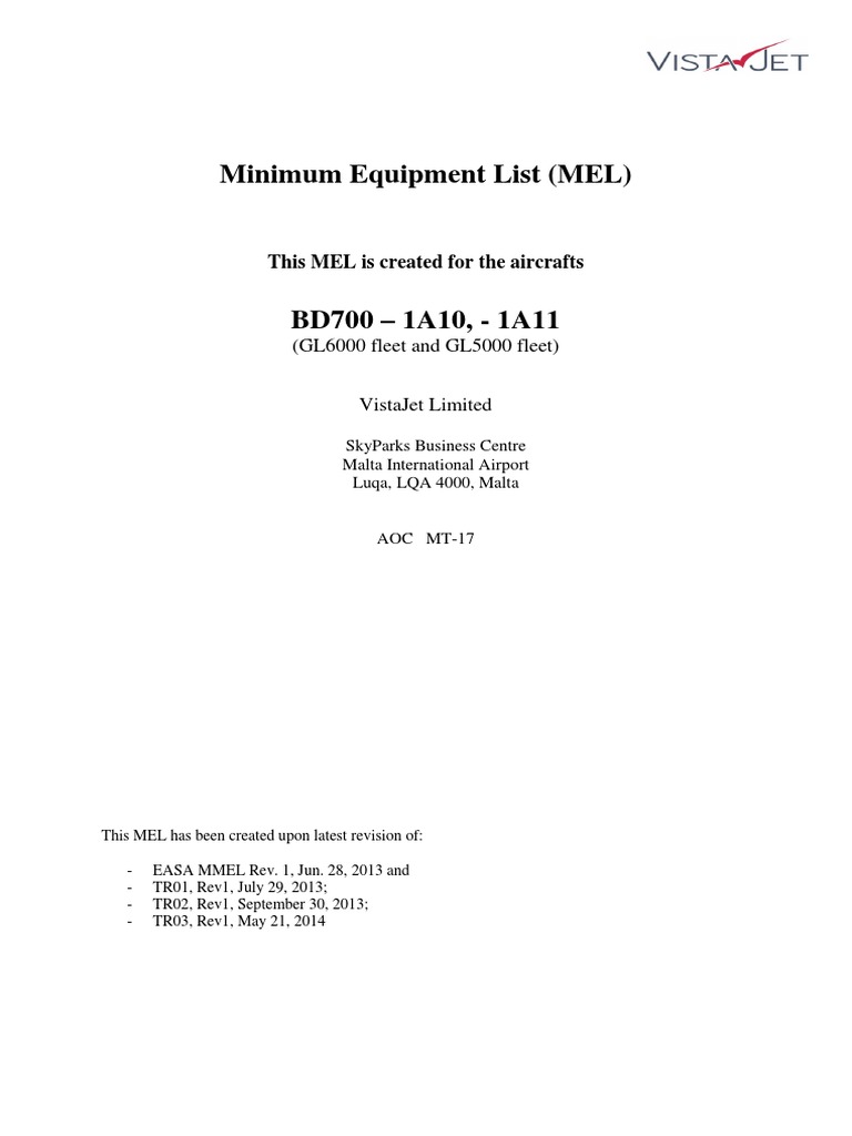 Om Part B VJT Bd700 Easa Mel Rev3 | PDF