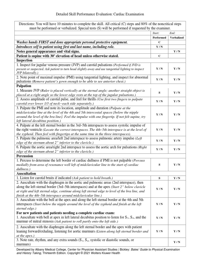 Cardiac Examination Detailed Skill Performance Evaluation | PDF
