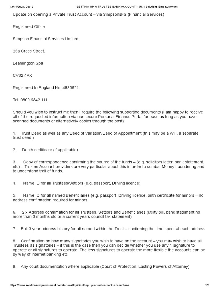 Setting Up A Trustee Bank Account - Uk | PDF