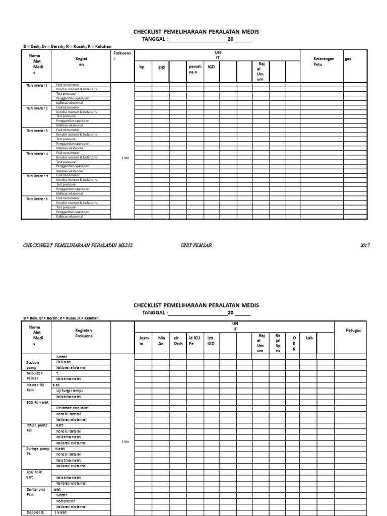 Ceklist Maintanance Alkes | PDF