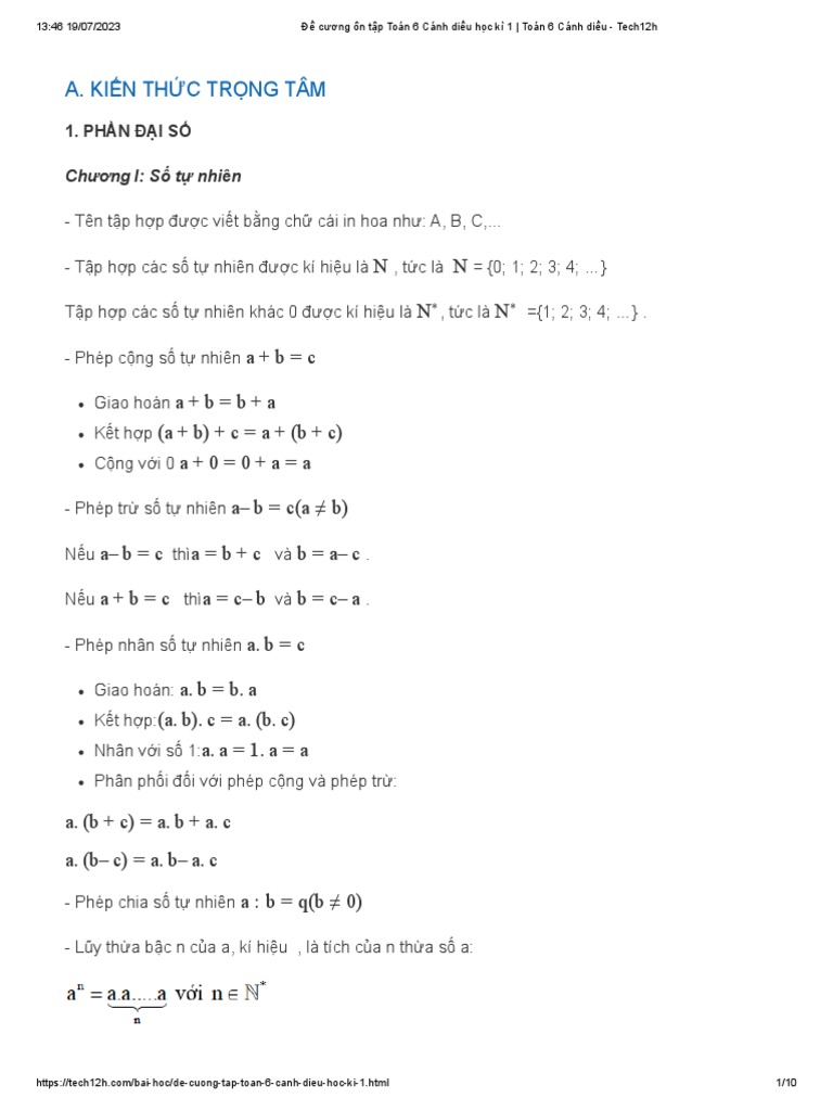 Đề cương ôn tập Toán 6 Cánh diều học kì 1 - Toán 6 Cánh diều - Tech12h ...