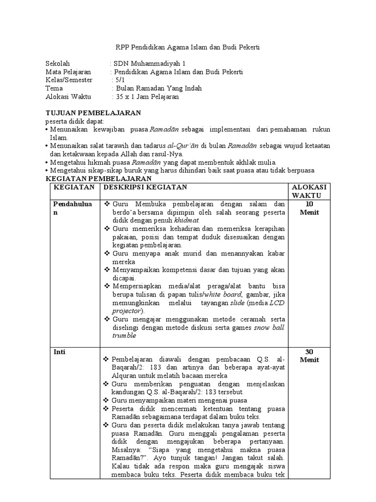 RPP Pendidikan Agama Islam Dan Budi Pekerti | PDF