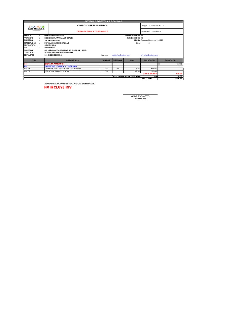 001-Ppto-iiee-Adicional Por Colocación y Cambio de Leyenda y Diagrama de Los Departamentos | PDF