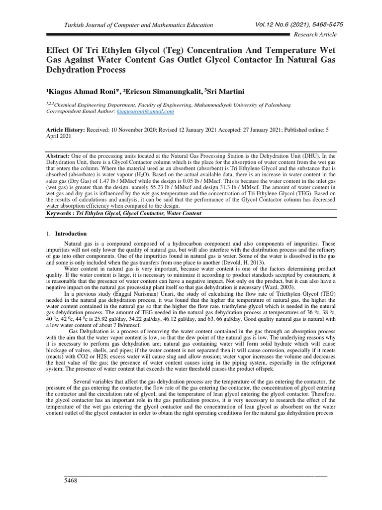 Effect of Tri Ethylen Glycol (Teg) Concentration and Temperature Wet ...