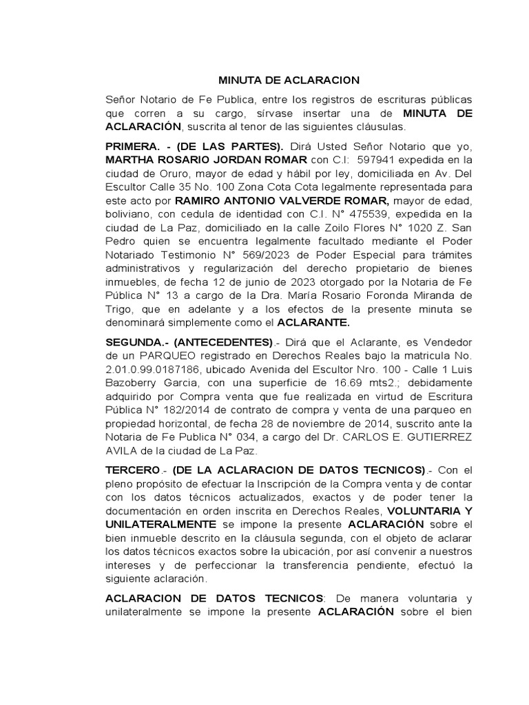 Minuta de Aclaración de Escritura Pública | PDF | Justicia | Crimen y ...