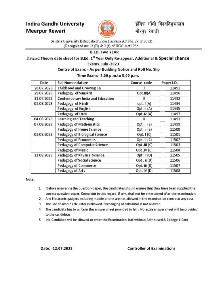 Revised Theory Date Sheet For B.Ed. 1st Year Only Re-Appear, and ... Revised Theory Date Sheet For B.Ed. 1st Year Only Re-Appear, and ...