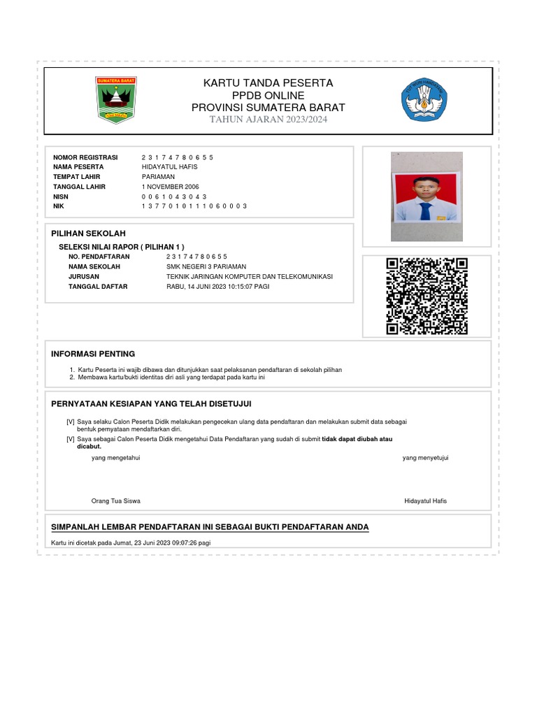 Kartu Peserta PPDB Sumbar 2023/2024 | PDF