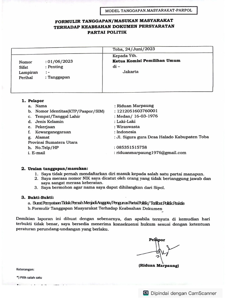 Formulir Tanggapan Untuk KPU | PDF