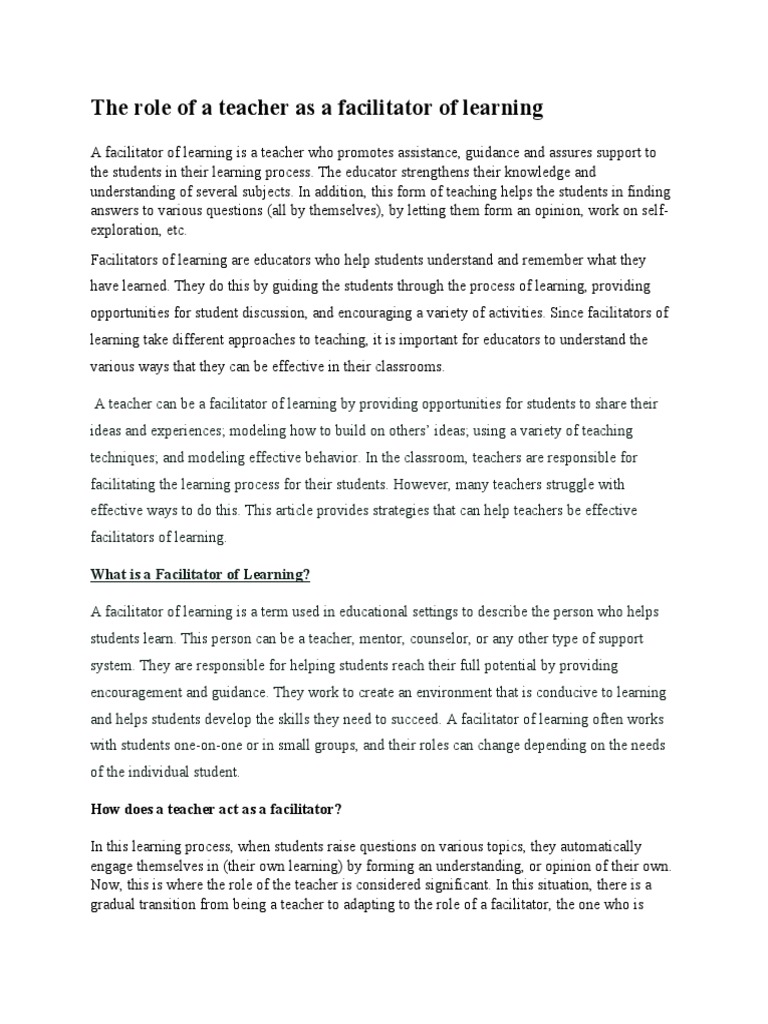 5 Lect Role of a Teacher as a Facilitator of Learning | PDF