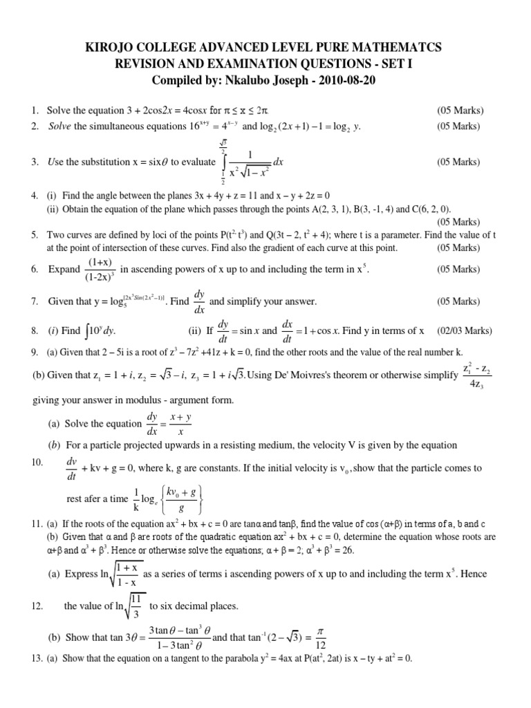 Advanced Level Pure Mathematics Questions | PDF | Teaching Methods ...