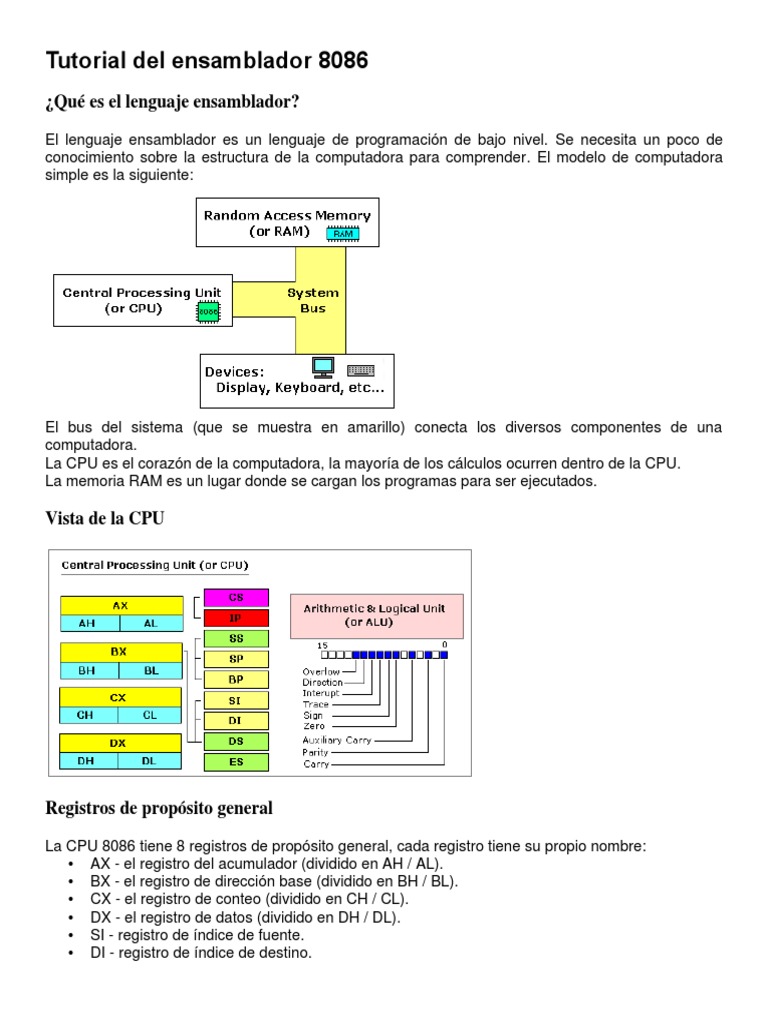 Tutorial Del Ensamblador 8086 | PDF | Lenguaje ensamblador | Poco