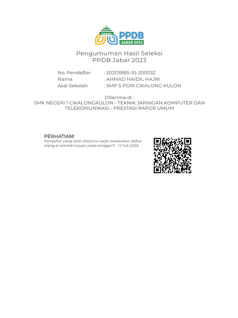 Pengumuman Hasil Seleksi PPDB Jabar 2023: Perhatian! | PDF