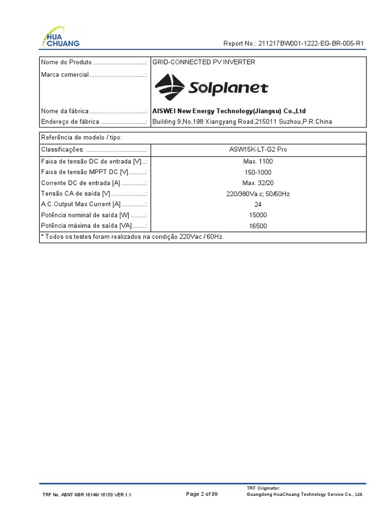 Certificado - Solplanet ASW15K-LT-G2-Pro - ABNT NBR 16149 - 16150-2 | PDF