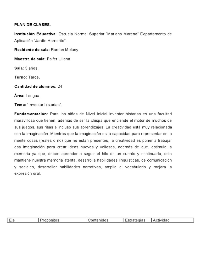 PLAN DE CLASES Lengua | PDF | Imaginación | Aprendizaje