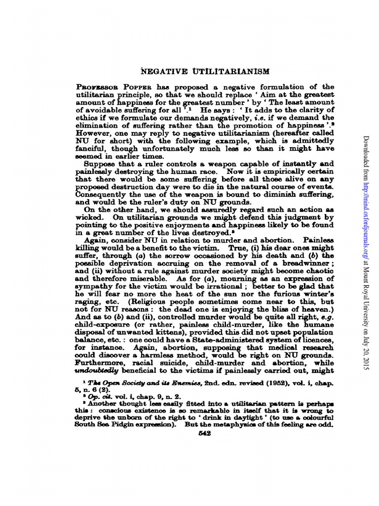 NEGATIVE UTILITARIANISM (R. N. Smart) (1958) | PDF