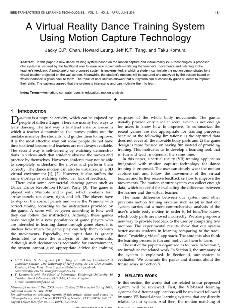 Dance Training Using Motion Capture | PDF | Virtual Reality | Student's ...
