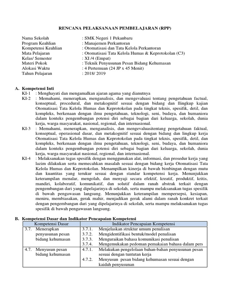 RPP OTK Humas Dan Keprotokolan KD 3.7 | PDF | Karier & Perkembangan