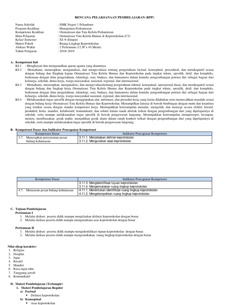 RPP OTK Humas Dan Keprotokolan KD 3.11 | PDF