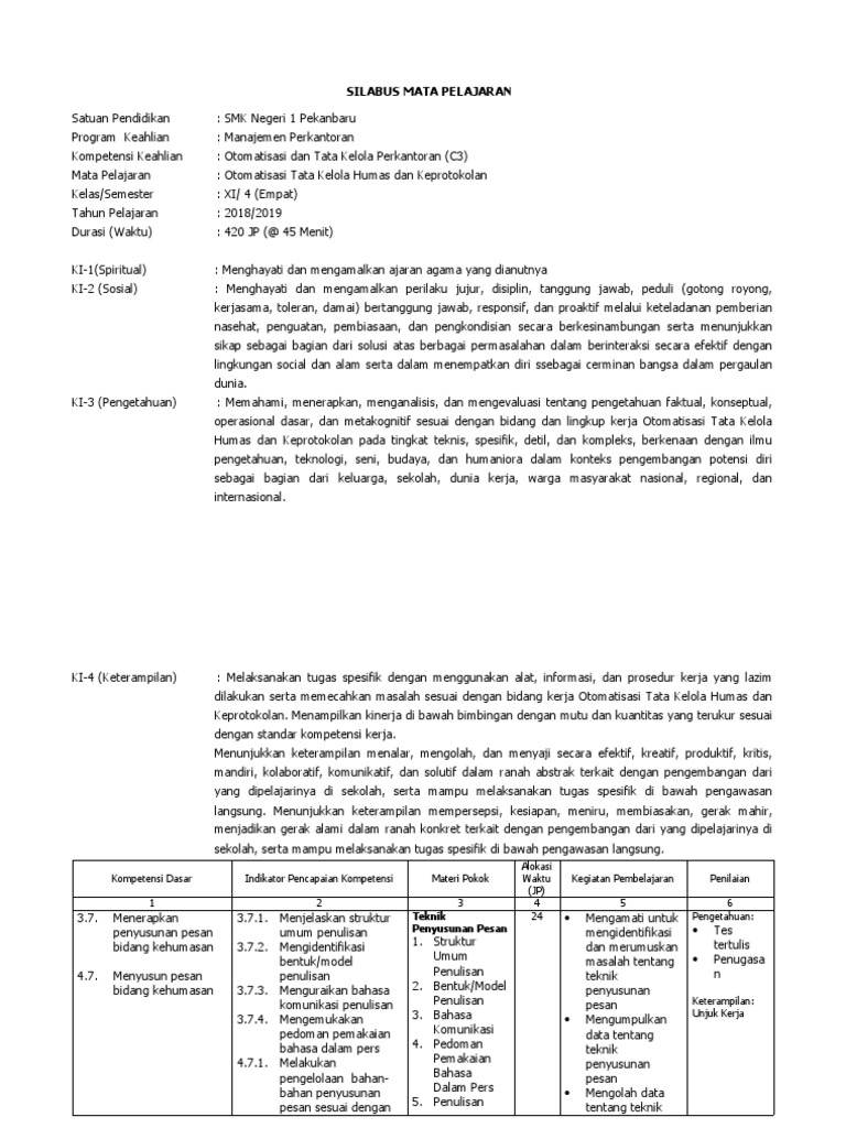 SILABUS OTK HUMAS & KEPROTOKOLAN KD 7-13 Budianti Muhlis | PDF | Komputer