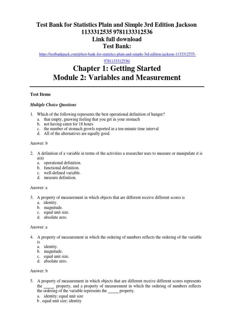 Statistics Plain and Simple 3rd Edition Jackson Test Bank | PDF