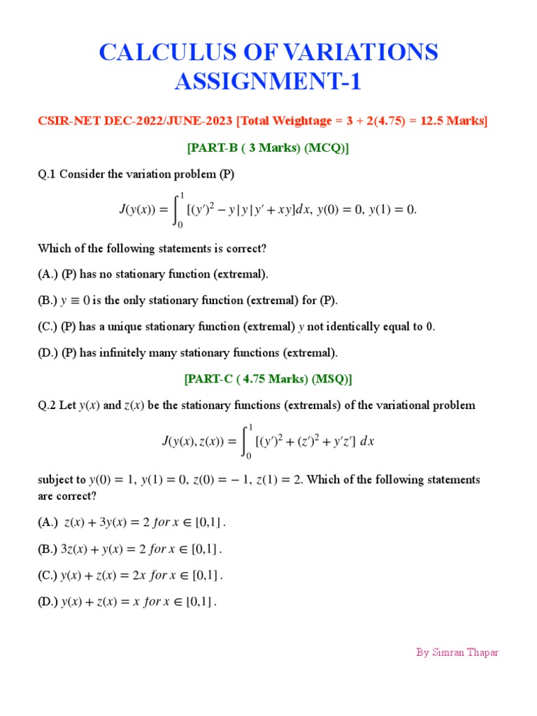 Calculus Of Variation Assignment 1 J 2023 Pdf