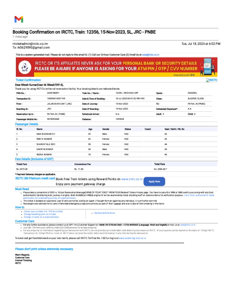 Gmail - Booking Confirmation On IRCTC, Train - 12356, 15-Nov-2023, SL ...