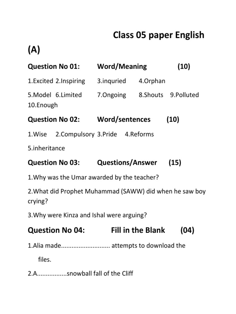 Class 5 English Question Paper Format | PDF | Language Arts & Discipline