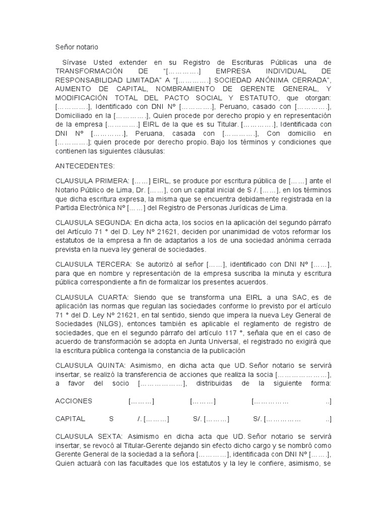 Modelo Transformacion EIRL A SAC | PDF